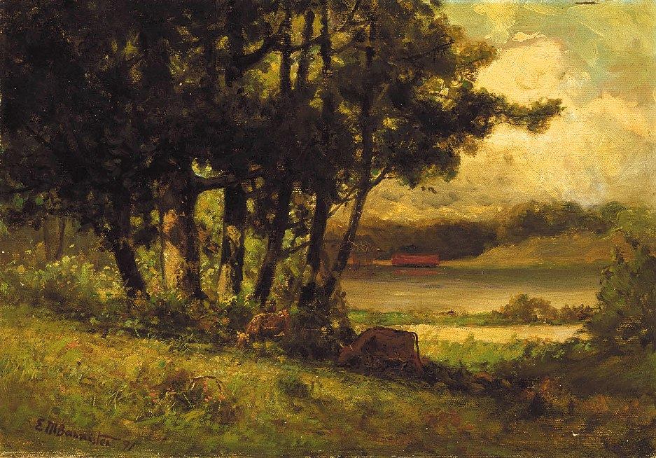 Edward Mitchell Bannister landscape with cows grazing near river ...